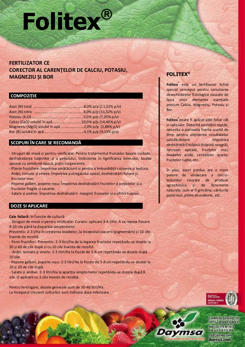 Fertilizator lichid Folitex (1 L), aport de Calciu, Magneziu, Potasiu si Bor, Daymsa